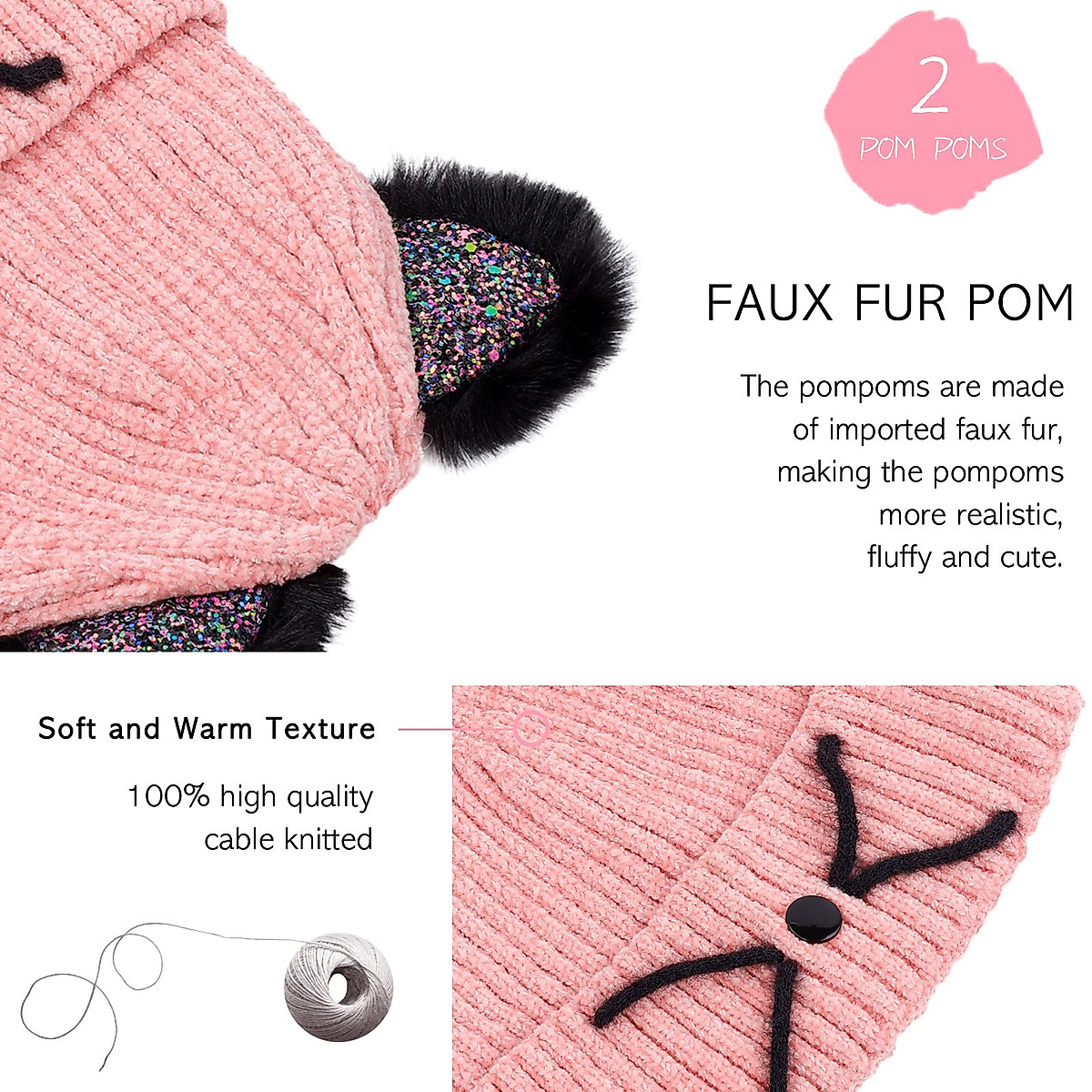 Girls Sequin Cat Ears Hats Cute Winter Beanies Hat for Outdoor Snow Ski Warm Knit Caps (Age 7-15)