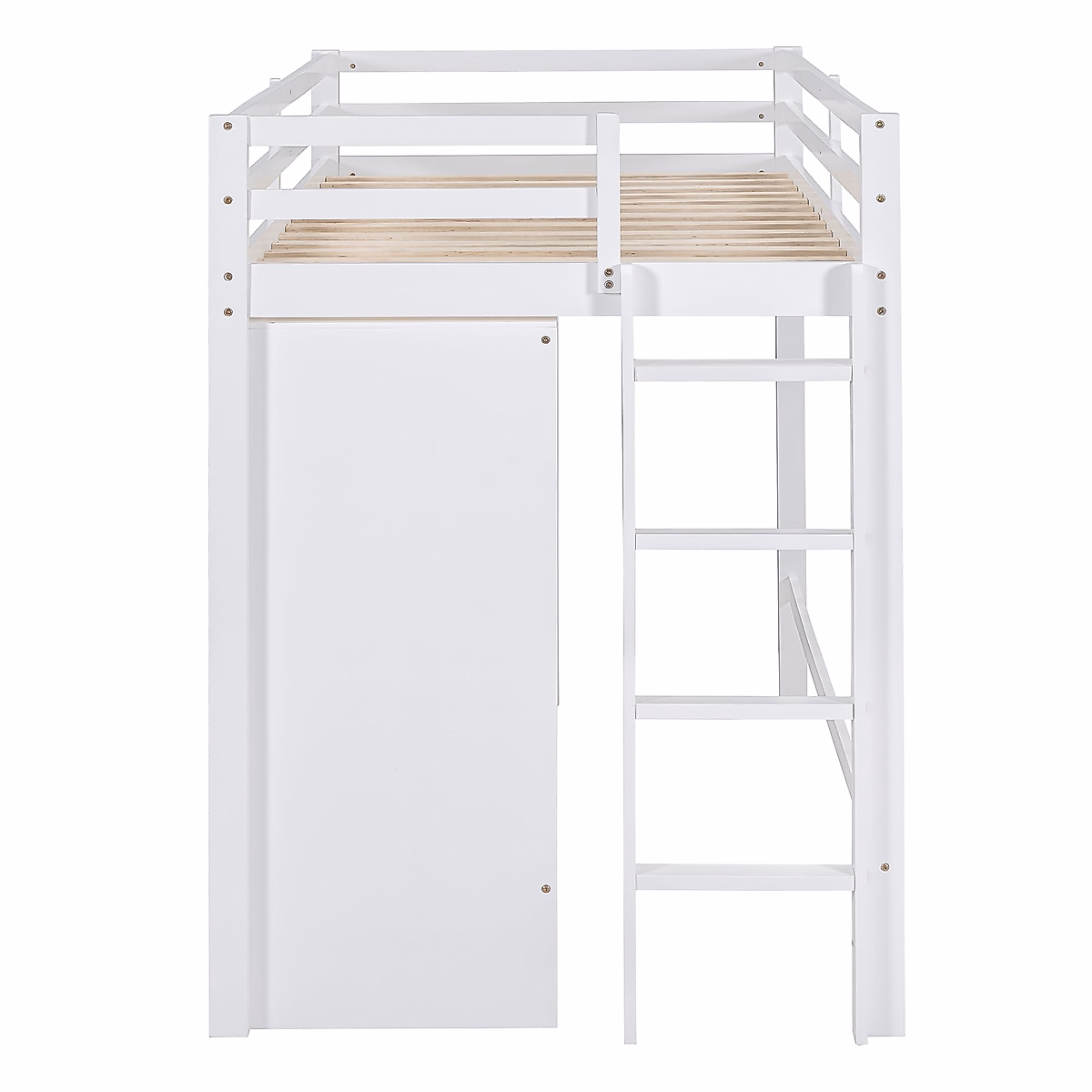 Merax Twin Size Wood Loft Bed with Drawer, Two Wardrobes, and Mirror, Wooden Bedframe with Ladder and Safety Guardrail for Boys Girls Adult, No Spring Box Needed, White