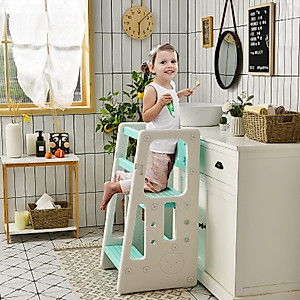 Costzon Kids Kitchen Step Stool with Double Safety Rails, Toddler Learning Stool with 3 Adjustable Heights and Non-Slip Foot Pads, Toddler Tower for Kitchen Countertop and Bathroom (Green)