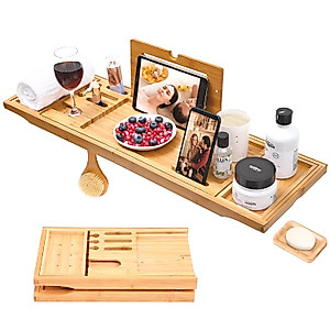 Bathtub Tray, Ohuhu Premium Bamboo Bathtub Caddy Tray Expandable Foldable Bath Tray with Anti-Slip Grips Soap Wine Phone Holder
