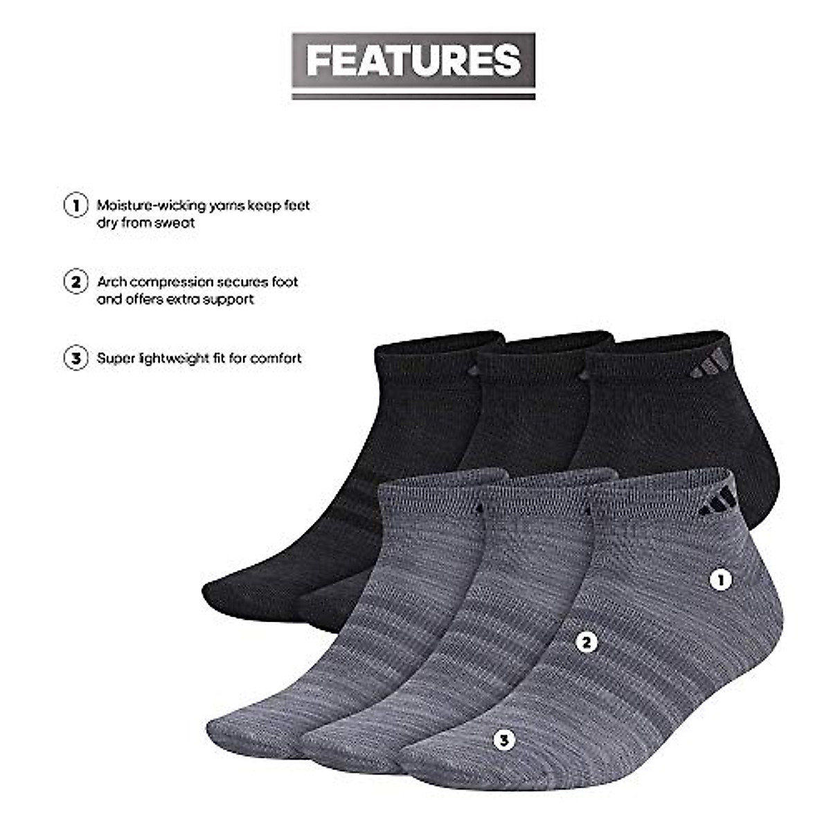 adidas Men's Superlite Low Cut Socks (6-Pair), Onix Grey/Grey/Black, Large