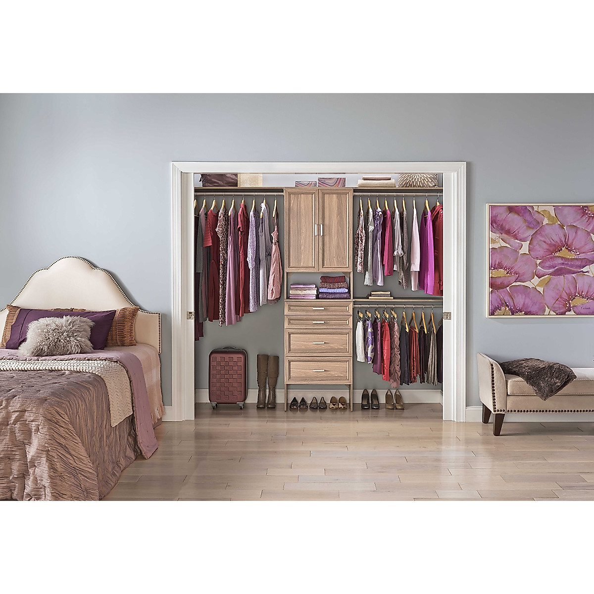 ClosetMaid SuiteSymphony Closet Organizer with Shelves, 2 Doors, 4 Drawers, 25-Inch-Natural Gray