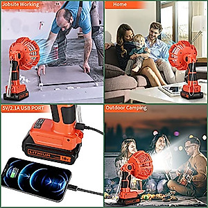 WaxPar For black decker Fan Cordless Jobsite Fan, USB Floor Fan Industrial fan with Light Compatible with black decker 14.4-20V Li-Ion Battery, Remote, 3 Wind/Brightness Modes, Timer