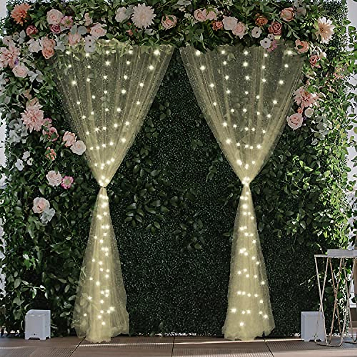 Champagne Tulle Backdrop Curtain with Lights String for Parites Wedding Sheer Backdrop Curtains for Bridal Shower Baby Shower Birthday Party Photo Shoot Background Wall Decorations 2 Panels 5×8ft