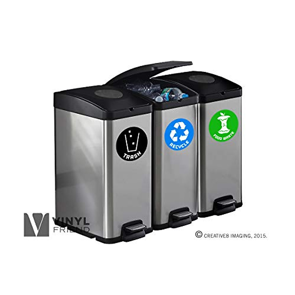 Recycle,trash and compost (food waste) bin logo stickers (6 Pack) 4in x 4in - Organize trash - For metal or plastic garbage cans, containers and bins - indoor & outdoor - Home, kitchen, or office