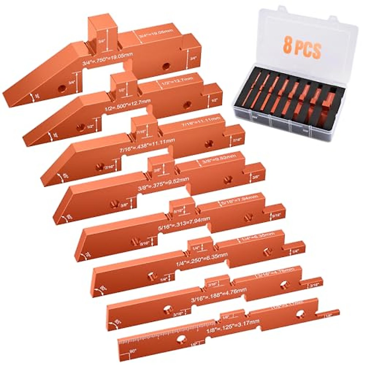 Neitra Router Table Setup Blocks Woodworking - 8pcs Aluminum Alloy Precision Setup Bars for Routers Tables Saw Accessory, Measuring Height Depth Angle Gauge with Storage Case (Each in Varies Thick)
