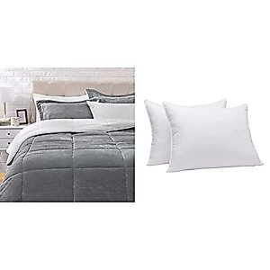 Amazon Basics Ultra-Soft Micromink Sherpa Comforter Bed Set - Charcoal, King & Down-Alternative Pillows, Soft Density for Stomach and Back Sleepers - King, 2-Pack