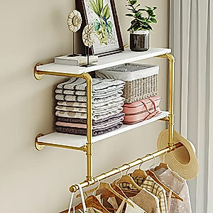 MAIKAILUN Wall Mounted Clothes Rack Gold with Shelves, 42" Long Industrial Pipe Clothing Rack with 2 Tier Shelves Heavy Duty Iron Garment Rack Bar,Retail Display Clothes Rod for Clothes,Laundry Room
