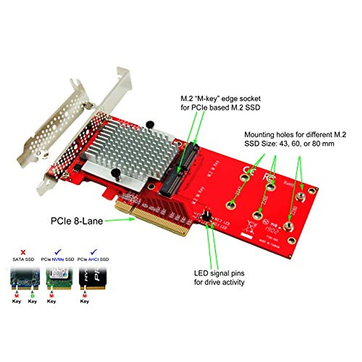 Ableconn PEXM2-130 Dual M.2 PCIe NVMe SSD Adapter Card - PCI Express 3.0 x8 / x16 Support 2X M.2 NGFF (M-Key) PCIe NVMe SSD for Mac & PC (ASMedia ASM2824 Switch) - PCIe NVMe Adapter Dual