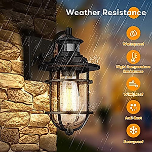 Set of 2 Motion Sensor Outdoor Wall Lantern Dusk to Dawn Waterproof Exterior Wall Sconce with Seeded Glass Black Wall Mount Light Fixture for Porch Doorway Garage, E26 Socket, Motion Activated