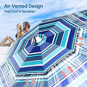 Beach Umbrella,LUHAHALU 7.5FT Beach Umbrellas for Sand Heavy Duty Wind Portable, UPF 50+ Sun Shelter with Tilt Sand Anchor and Carry Bag, Sunshade Umbrella for Patio Outdoor Garden Beach(Silver Coated Blue Striped)