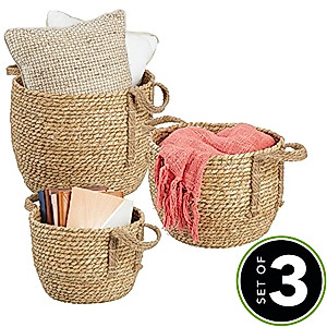 mDesign Round Braided Seagrass Woven Storage Basket with Jute Handles - Rope Weave Circle-Shaped Basket Bin for Shoe Storage in Entryway, Organizing Playroom Toys, and Laundry - Set of 3 - Natural