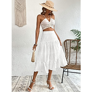 Verdusa Women's Elastic High Waist Ruffle Hem Solid A Line Flowy Midi Skirt White M