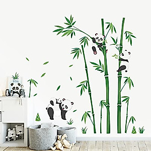 wondever Panda and Bear Wall Stickers Bamboo Green Plants Peel and Stick Wall Art Decals for Baby Nursery Kids Bedroom (H: 46 inches)