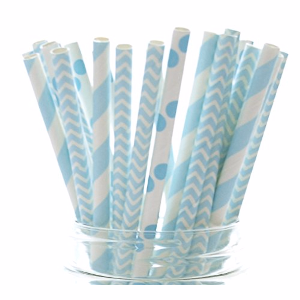 Baby Boy Blue Baby Shower Straws (25 Pack) - Baby Shower Supplies, Boy Birthday Party Straws, Stripe Chevron & Polka Dot Light Blue Paper Straws