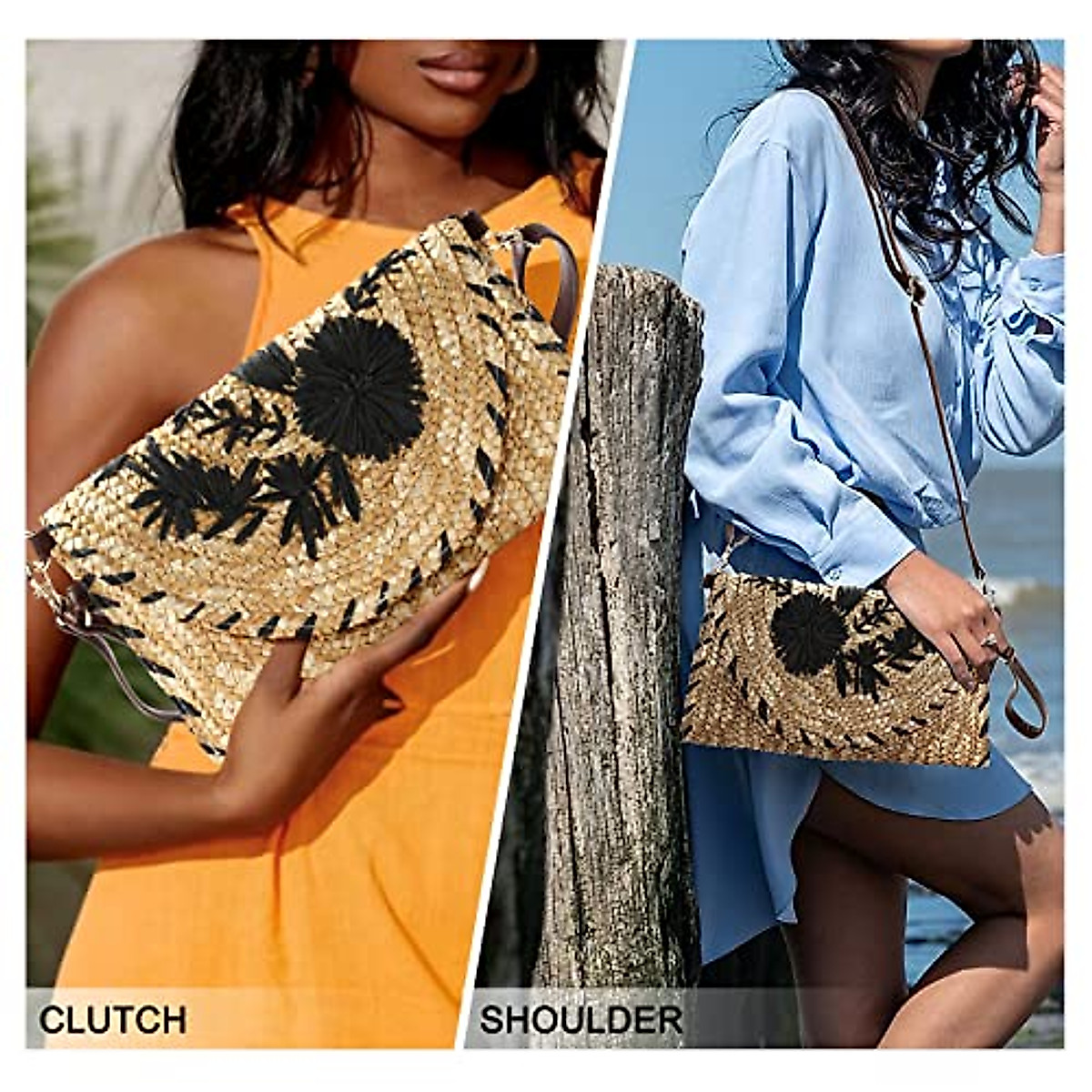 sealsea Straw Clutch Bags for Women Woven Straw Purses Embroidery Summer Beach Handbag Beach Clutch Purse