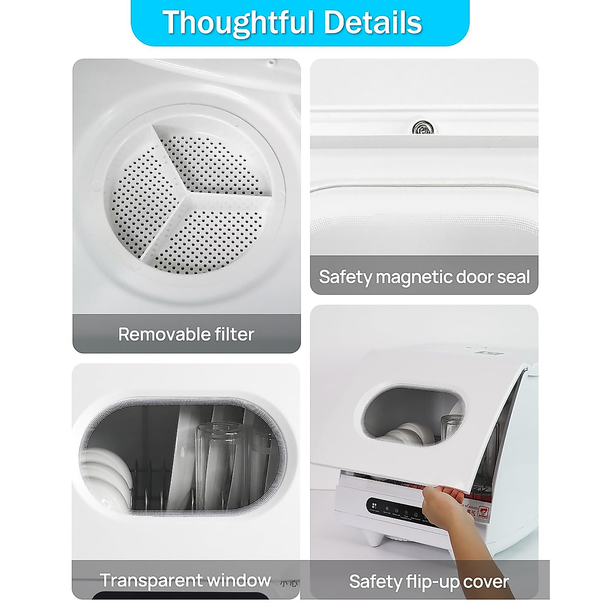 Bonxrdun Countertop Dishwasher, Portable Dish Washer, 5 Washing Modes, 360° Cleaning, Energy Efficient, Low Noise, Perfect for Small Families, Compact Size for RVs & Kitchens