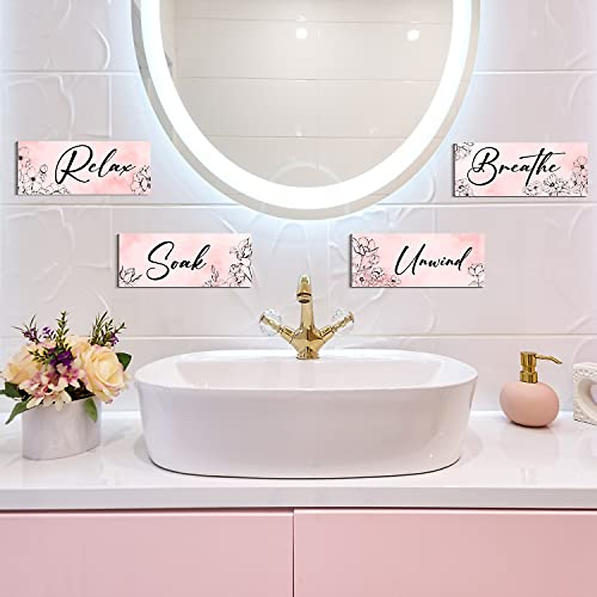 Creoate Pink Bathroom Wall Decor 4 Pieces Relax Soak Unwind Breathe Minimalist Bathroom Signs Floral Print Wooden Hanging Wall Decor for Women Small Farmhouse Home Bathroom