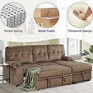 Melpomene Upholstered Sleeper Sofa, Modern Put-Out Sofa Bed with Storage Chaise and Cup Holder(Brown)
