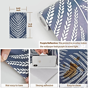 Fititem Blue Wallpaper Peel and Stick Wallpaper 393”×17.3” Coastal Modern Boho Contact Paper for Cabinet Dark Blue Leaf Wallpaper for Bedroom Removable Self-Adhesive Waterproof Wallpaper for Bathroom