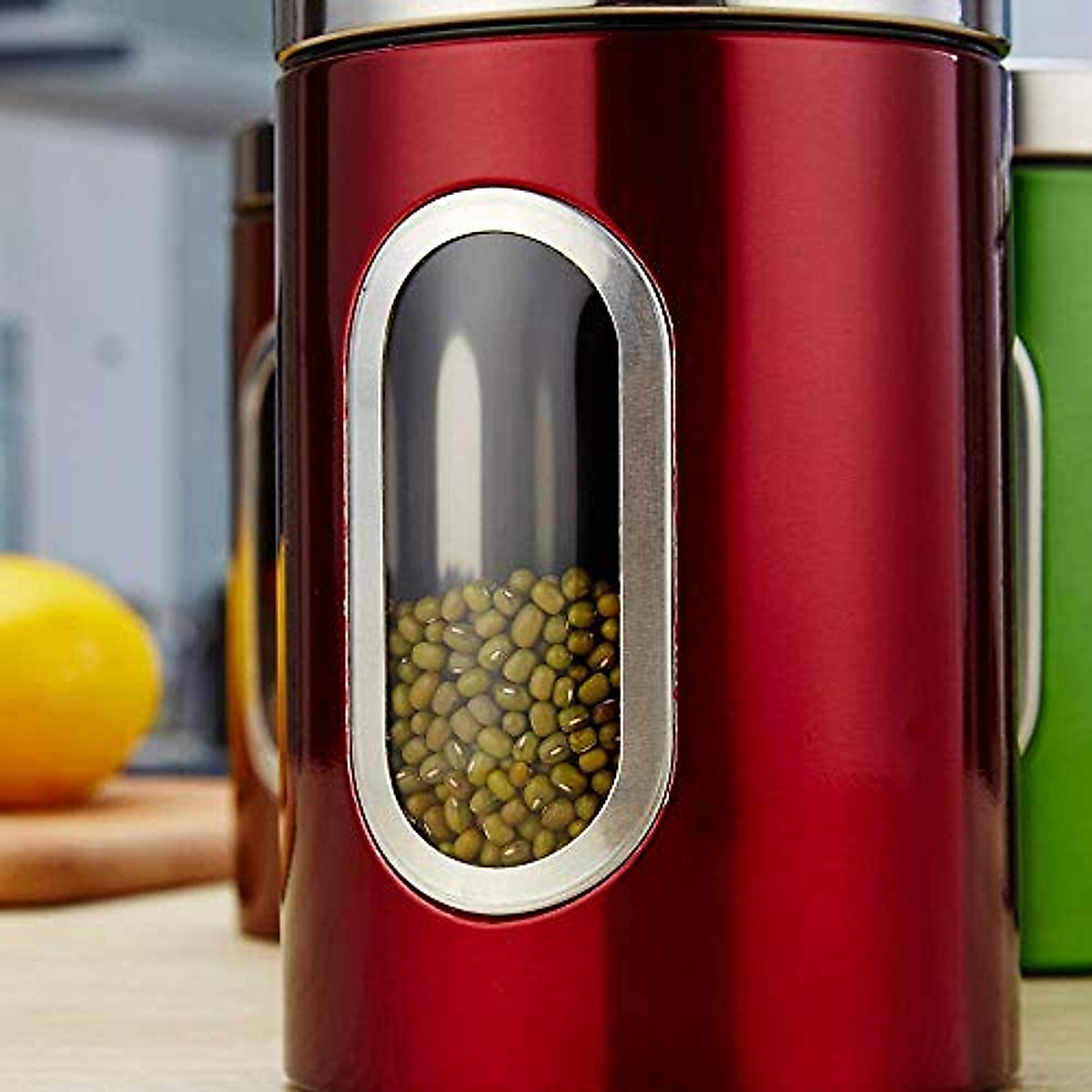 JENNIMER 3PC Kitchen Canister Set for Sugar Food Tea Coffee Candy Storage Jars Stainless Steel with Transparent Windows (Red)