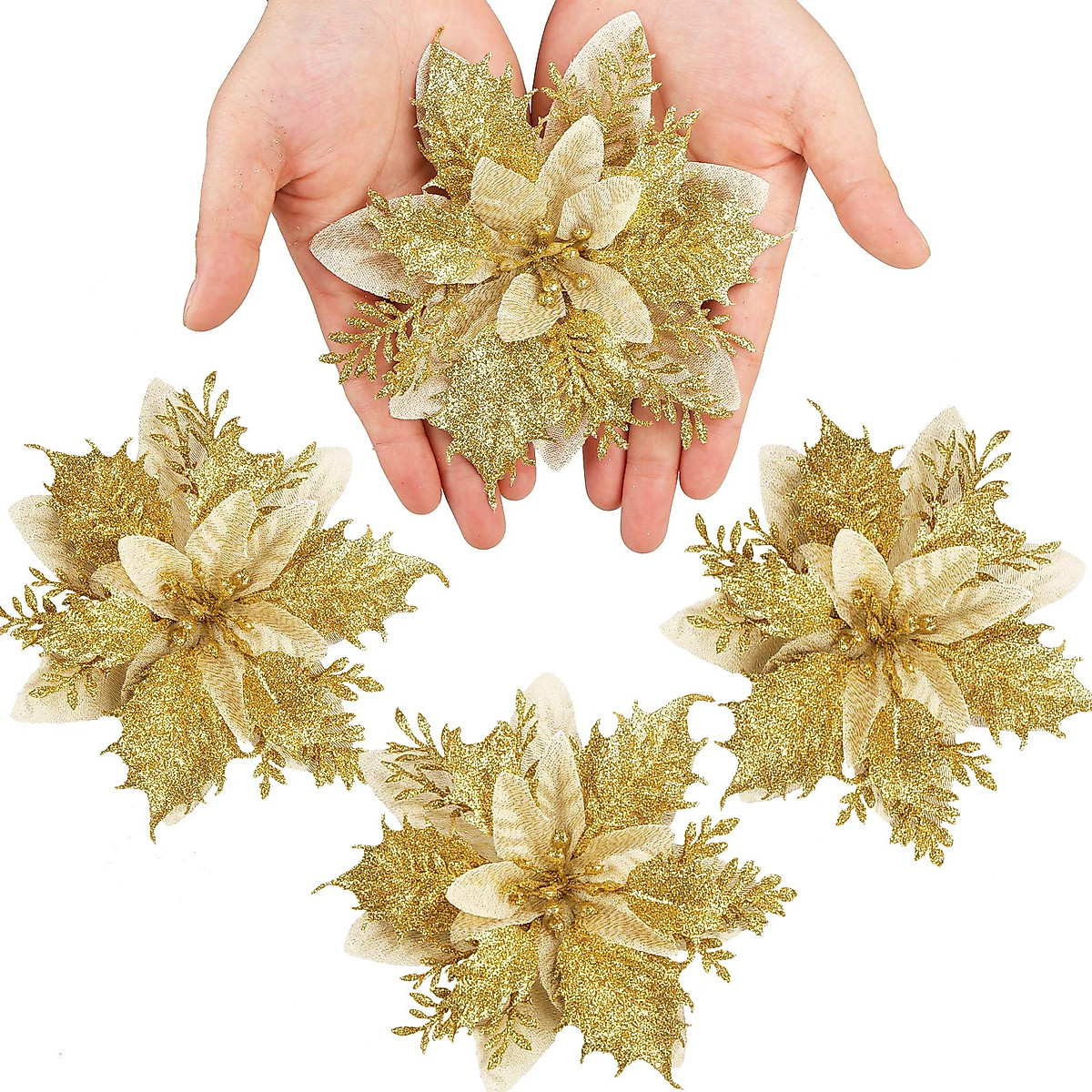 GREENTIME 12 Pcs Glitter Poinsettia 5.5" Artificial Flowers Christmas with Clips Stems Xmas Tree Ornaments for Wedding Party Wreath Decoration (Golden)