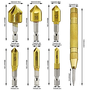 Countersink Drill Bit Set 6 Pcs 5 Flute Counter Sinker Drill Bits and 90 Degree Center Punch Tools HSS 1/4" Hex Shank for Wood Metal Quick Change 6-19mm (7)