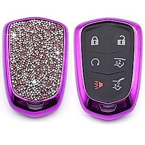 Royalfox(TM) 4 5 6 Buttons 3D Bling keyless Entry Remote Smart Key Fob case Cover for 2016 2017 2018 2019 2020 2021 Cadillac CT6 XT5 CTS XTS SRX ATS DTS STS Accessories (Purple case only)