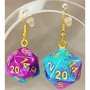 d20 20-Sided Polyhedral Dice Earrings - Hook with Earnuts (Light Blue-Purple Swirl)