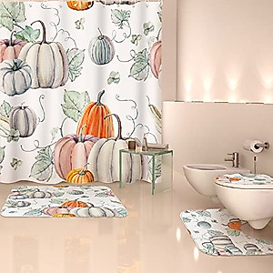 WILLBOND 4 Pcs Fall Shower Curtain Sets with Rugs Thanksgiving Watercolor Pumpkin Set Non Slip Toilet Lid Cover and Bath Mat 72 x Inches Hooks for Bathroom