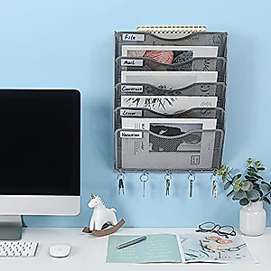 EasyPAG Wall Mount File Organizer with Key Hooks 5 Pocket Vertical Mesh Hanging Wall File Holder Magzine Paper Folders Rack for Office and Home,Silver
