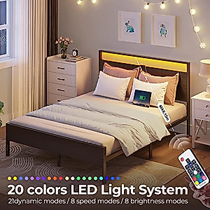 Rolanstar Bed Frame with Charging Station, Full Bed Frame with LED Lights Headboard, Metal Platform Bed Frame, Strong Slats Support, 10.2” Under Bed Storage Clearance, No Box Spring Needed, Noise Free