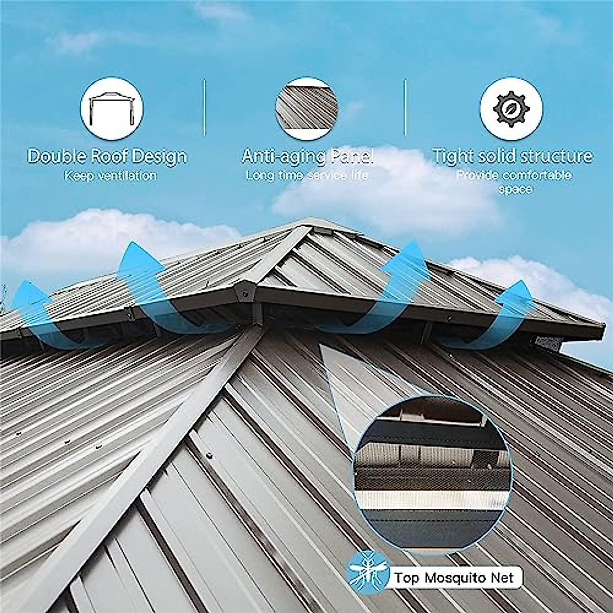 UBGO 12"x20"Hardtop Gazebo,Outdoor Permanent Gazebo with Galvanized Steel Double Roof,Cedar Wood Frame Canopy,Metal Pavilion with Curtains and Netting for Patio, Backyard and Lawn(Brown)