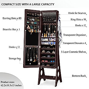 YOKUKINA LED Jewelry Cabinet Armoire, Large Storage Lockable Organizer with Frameless Free Standing Dressing Mirror (Brown)