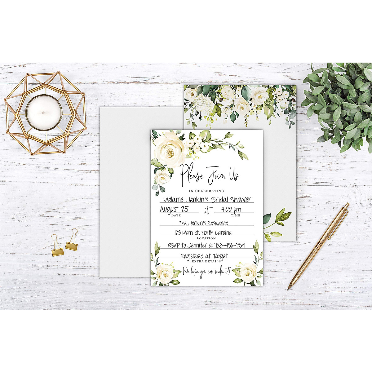 White Rose Invitations For All Occasions - Elegant Invites Perfect for Weddings, Bridal Showers, Birthdays, Engagements, Bachelorette Parties, Receptions, Anniversaries - Envelopes Not Included