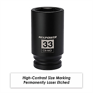 MIXPOWER 6-Point 3/4-Inch Drive Deep Impact Socket- 33mm (Metric), CR-MO, 3/4-inch Drive 6 Point Axle Nut Socket for Easy Removal of Axle Shaft Nuts (33mm)