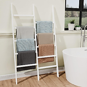 Daflymaco Blanket Ladder for Living Room - 10-Tier Bamboo Wood Blanket Ladder Quilt Ladder Rack Modern Decor Wall Leaning Ladder for Blankets Easy Assembly Blanket Holder for Home Bathroom White