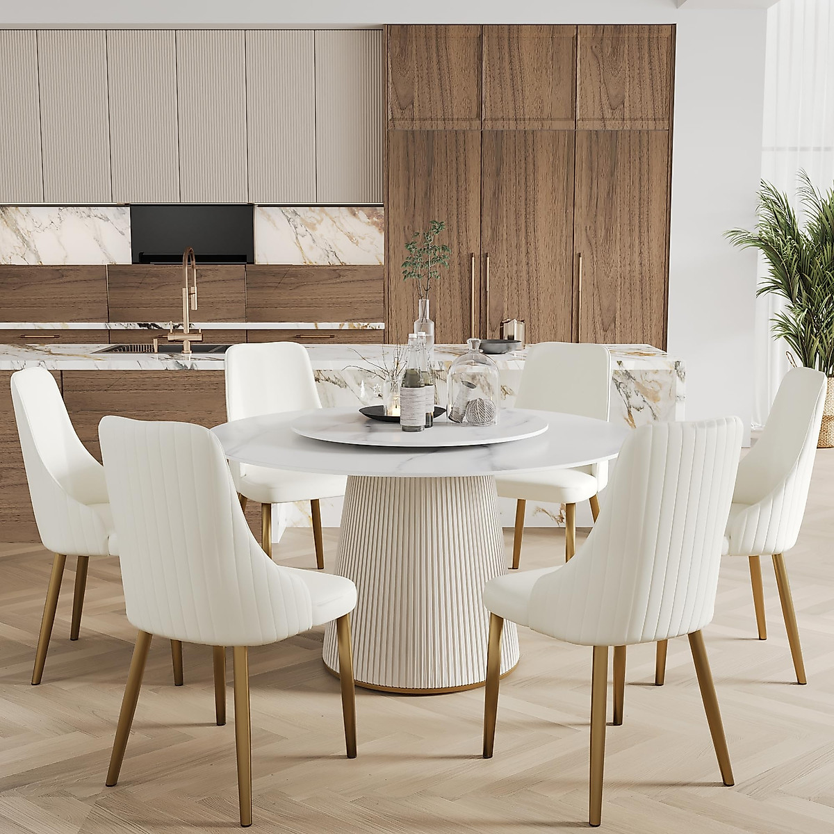 59'' Round Marble Dining Table for 6,Modern White Marble Sintered Stone Round Kitchen Table with Lazy Susan,Faux Marble Dining Table with Solid Wood Pedestal,Wrapped in PU Leather(Only Table)