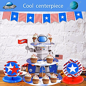 Airduan Space Astronaut Cupcake Stand Space Themed Birthday Party Decorations 3-Tier Cardboard Cupcake Holder stand Galaxy Style Dessert Tower Display for Party Supplies