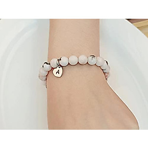 Handmade Alphabet Letters Love Heart Charm Pendant Healing Natural Gemstones 8mm Rose Pink Zebra Jasper Beads Stretched Beaded Bracelet,Anxiety Pain Stress Strain Fear Relief Beading Bracelets,Love Gift for Mother Grandmother Daughter Wife . (C)