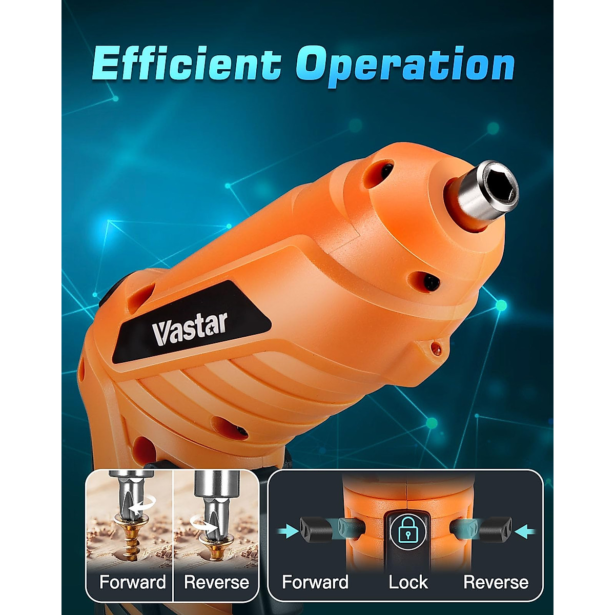 Vastar Cordless Electric Screwdriver Set, 48Pcs 3.7V Rechargeable Screwdriver Kit, Dual Position Handle, Battery Indicator, Flexible Shaft, LED Light