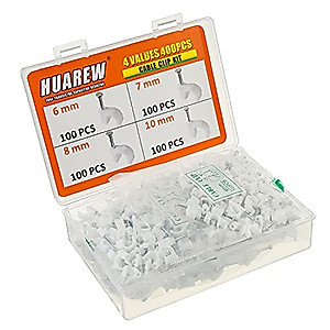 HUAREW 4 Sizes 400 Pcs White Plastic Steel Nail Cable Clips Apply to RG6 RG59 CAT5 CAT6 Ethernet/TV Wire/Telephone/Led Starlight/Print Cable Round Management Cable Wire Clips 6/7/8/10 mm