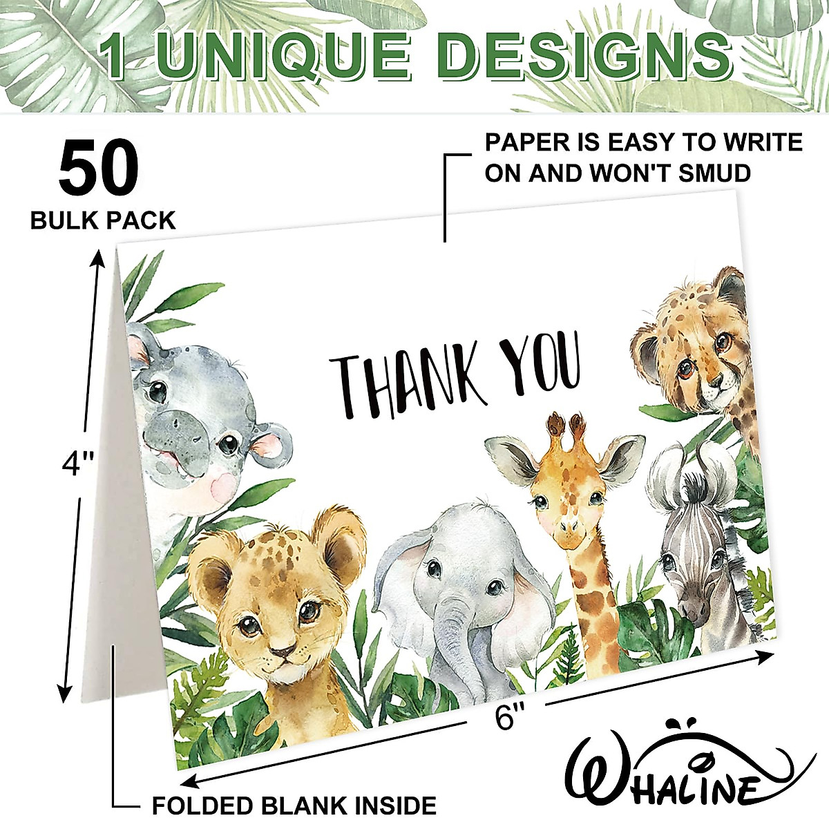 Whaline 50 Pack Safari Jungle Thank You Cards with Envelopes Stickers Jungle Animal Greeting Cards Watercolor Forest Animal Cartoon Blank Note Cards for Birthday Baby Shower Party Supplies