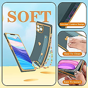 Petitian for iPhone 11 Pro Max Square Case Loopy Stand/Strap, Luxury Cute Women Girls Heart Electroplated Designer Squared Edge Phone Cases for 11 Pro Max, Grey Blue