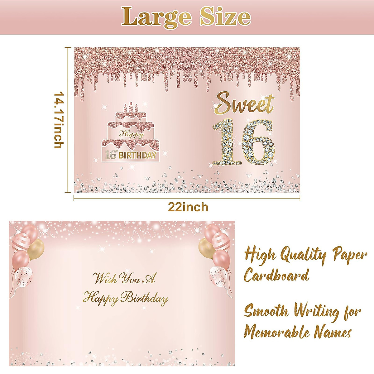 Large Sweet 16 Birthday Card with Envelope, Jumbo Happy 16th Birthday Card Gifts for Girl, Extra Big 16 Birthday Guest Book Greeting Cards Party Supplies，Pink Rose Gold Giant Sixteen Year Birthday