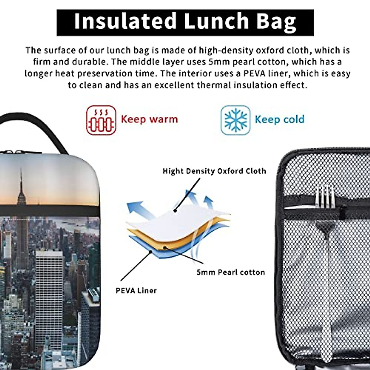 Rportable Lunch Bag For Women/Men Insulated,New York City Manhattan Cityscape Contemporary Artistic Sunset La,Insulatedreusable Lunch Box For Office Work School Picnic Beach,Leakproof Cooler Tote Bag