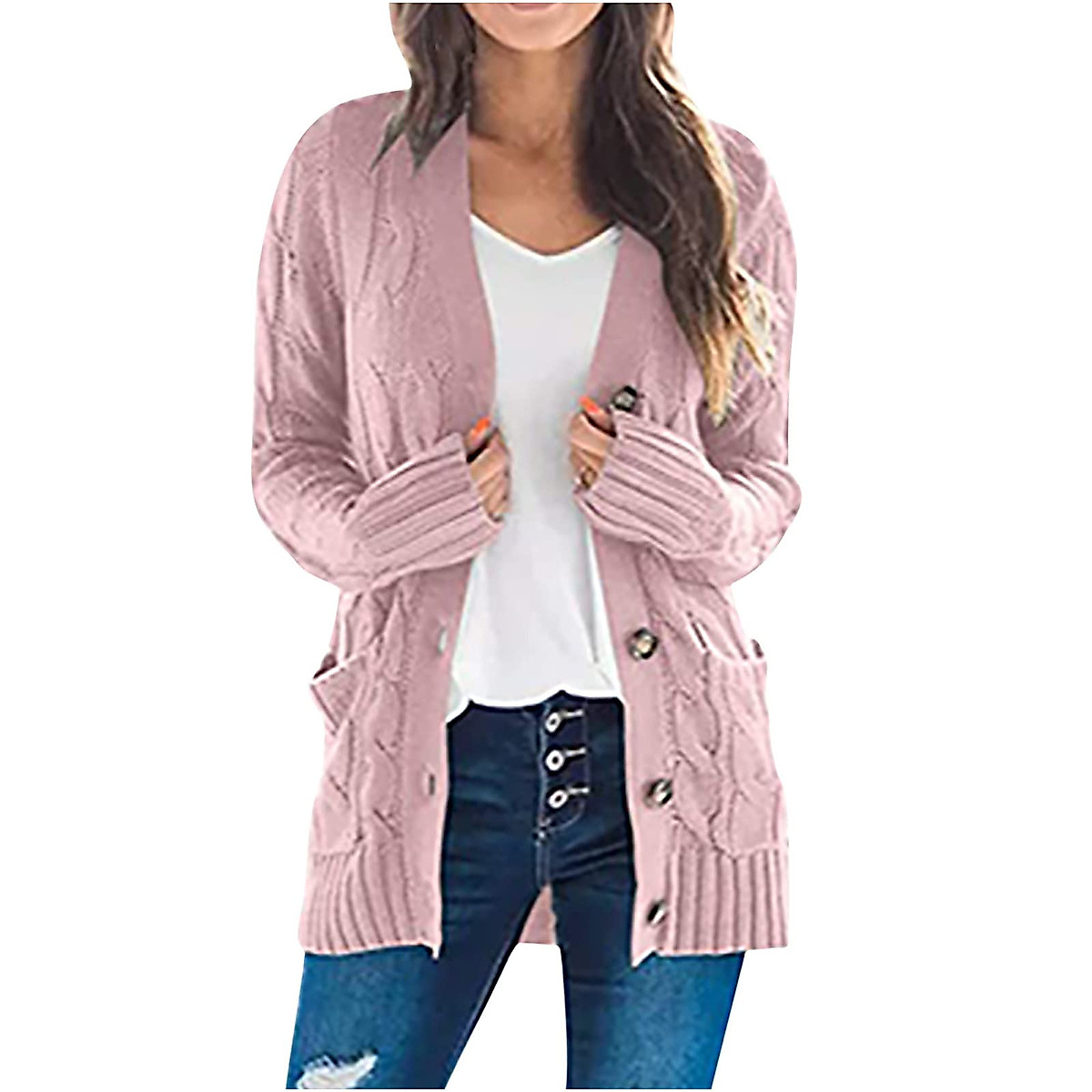 Coupons for Prime Amazon Members Women's Cardigan Chunky Open Front Button Sweaters with Pockets Loose Slouchy Oversized Fall Outerwear Coat Chunky Cardigan Women Pink 2X
