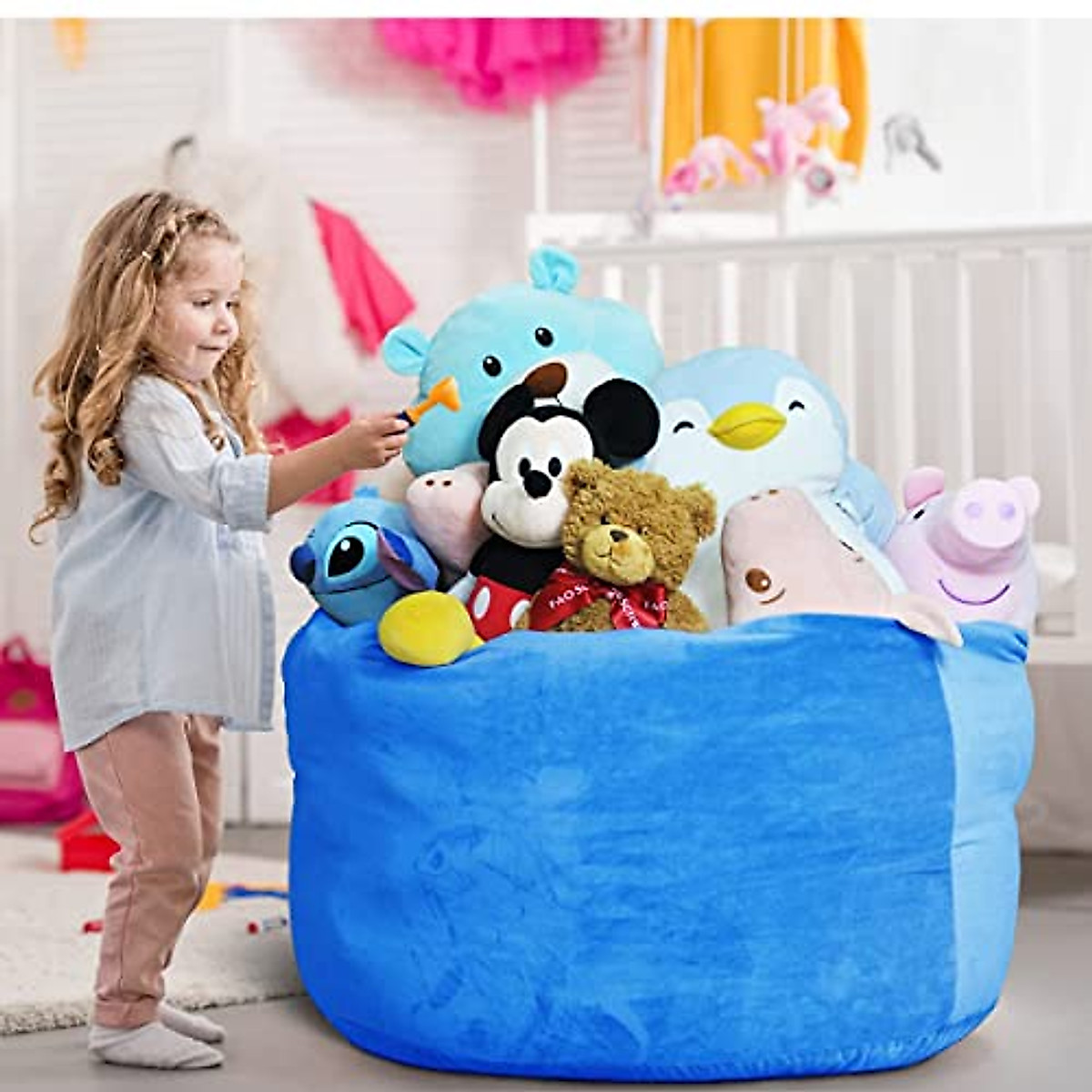 Bean Bag Chair Cover, Stuffed Animal Storage, Plush Toys Organizer Holder, Beanbag Chairs Cover for Kids Teans and Adults Super Soft and Comfortable Fabric X-Large with Handle and Zipper -Round Blue