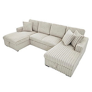 122'' Convertible U-Shaped Faux Rabbit Fur Plush Sectional Sleeper Sofa, Upholstered Cloud Couch Pull-Out Sofa Bed with Storage Chaise and 3 Throw Pillows for Living Room (Khaki, 122'' x 64'')