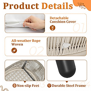 Devoko Patio Furniture Set 3 Pieces Rope Woven Bistro Set Outdoor Conversation Set with 2 Wide Chairs,Cushions and Tempered Glass Table for Balcony Porch Backyard Garden Poolside